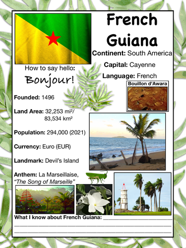 FRENCH GUIANA History & Geography, Travel The World Worksheet ...