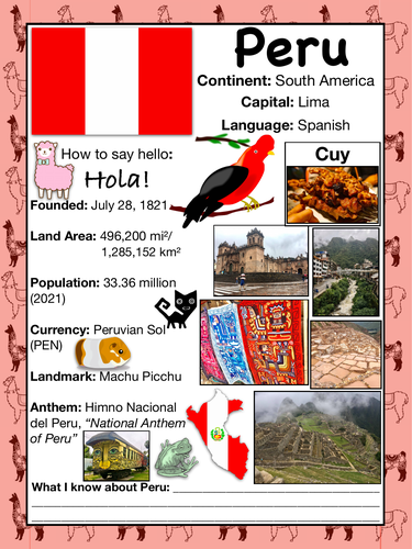 PERU History & Geography, Travel The World Worksheet | Teaching Resources