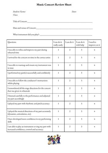 Concert review self-reflection worksheet for music / band / choir ...