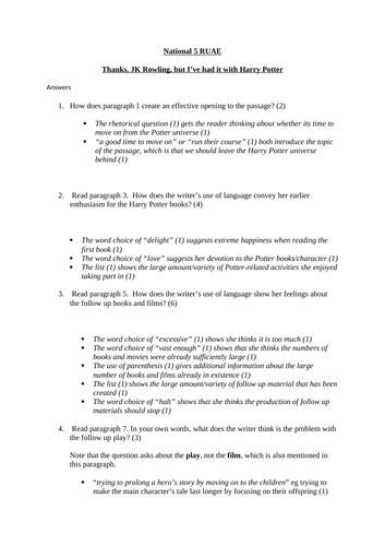 National 5 English RUAE Passage and answer scheme on Harry Potter ...