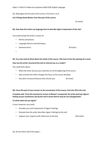 AQA GCSE English Lang Paper 1 Half of a Yellow Sun Creative reading ...