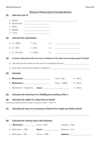 KS3 Physics Formulae Revision Questions and Answers | Teaching Resources