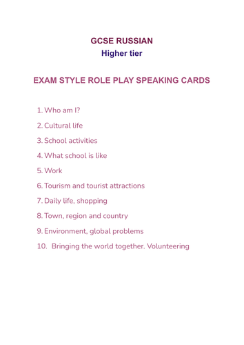 GCSE Russian speaking exam role play cards | Teaching Resources