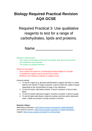 Food Tests Biology Required Practical 3 | Teaching Resources