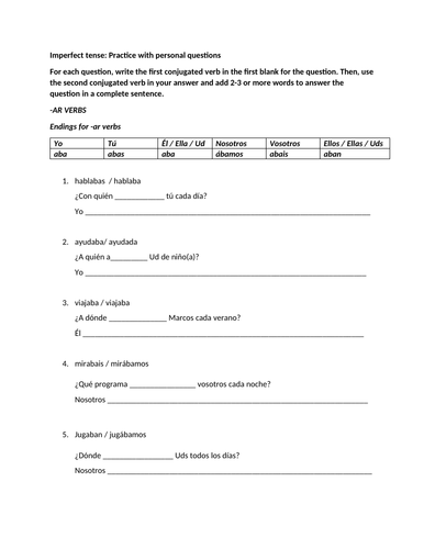 Imperfect tense questions practice | Teaching Resources