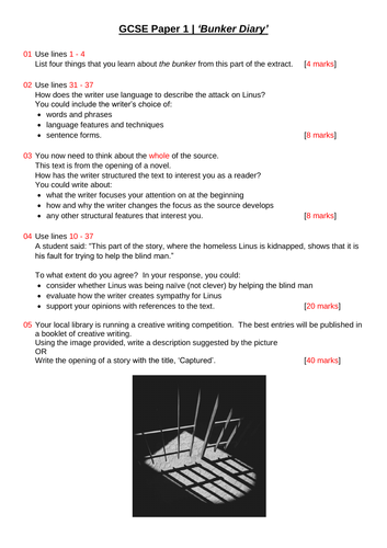 AQA Style GCSE English Language Paper 1 Bunker Diary KS4 Assessment ...