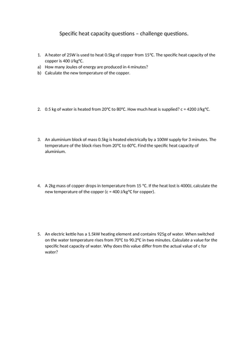 Specific Heat Capacity Calculations and RP | Teaching Resources
