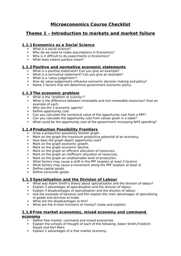 Economics A Pearson Microeconomic course checklist (Theme 1 & Theme 3 ...