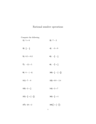 Rational number operations worksheet (with solutions) | Teaching Resources