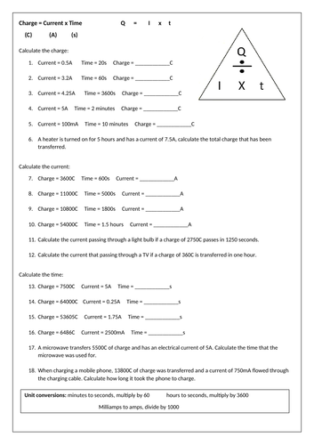 Charge Current X Time Worksheet And Ans Teaching Resources
