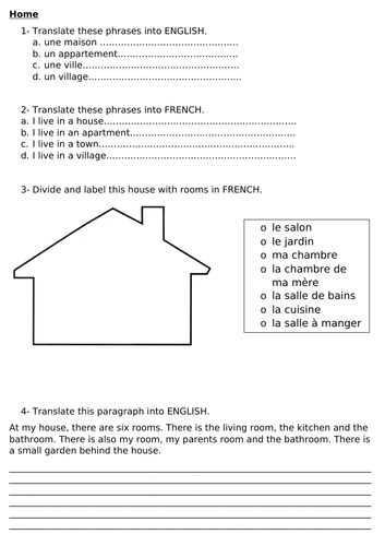 Y8 - Home worksheet - French | Teaching Resources