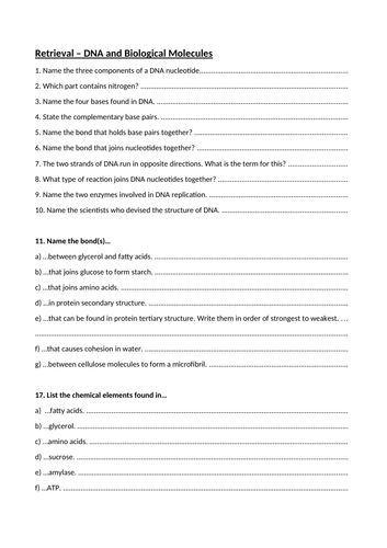 5 worksheets from the Biological Molecules topic for A level - lipids ...