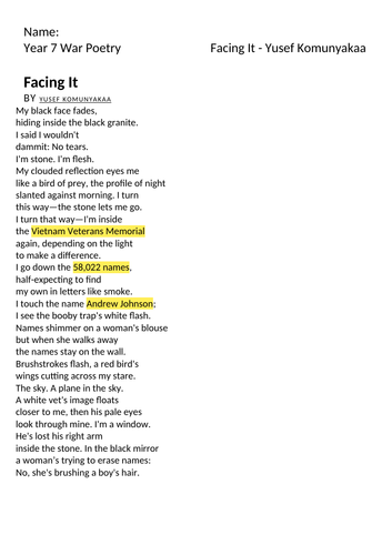 KS3 English Cover Work: Vietnam War Poetry | Teaching Resources