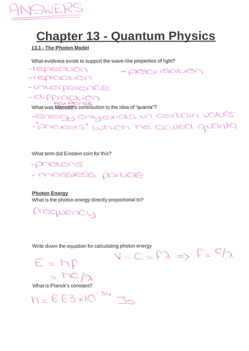 13.1 Photon Model Workbook and Answers (1 lesson) | Teaching Resources