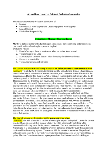 A-level law, Criminal evaluation summaries | Teaching Resources