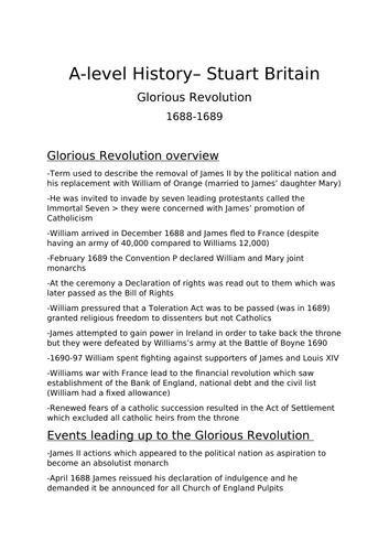 A-Level History, Glorious Revolution, Stuart Britain | Teaching Resources