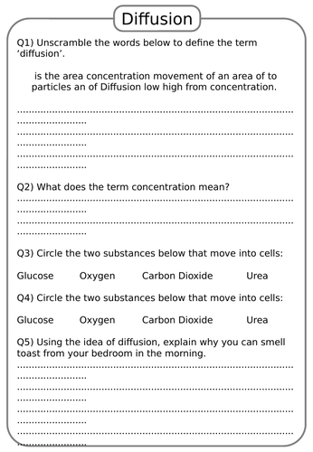 Diffusion - KS3 Science (Biology) Worksheets | Teaching Resources