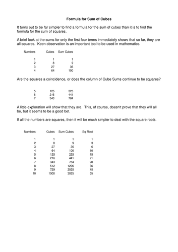 Investigating the formula for the Sum of Cubes | Teaching Resources