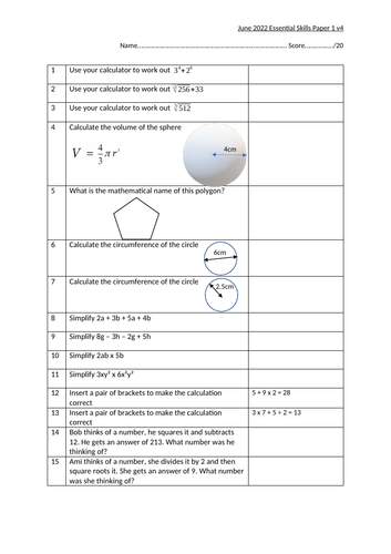 OCR June 2022 Maths foundation advanced info worksheets paper 1 ...