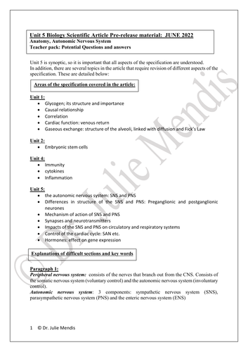 IAL Biology Unit 5 Scientific Article Pack: Anatomy, Autonomic Nervous ...