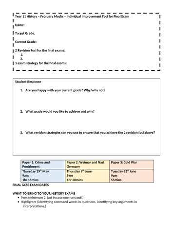 GCSE History Mock Individual Feedback Proforma | Teaching Resources