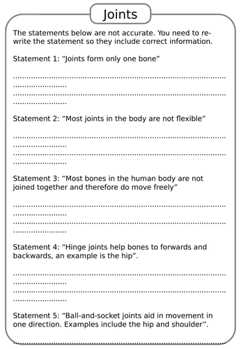 Joints - KS3 Science (Biology) Worksheets | Teaching Resources