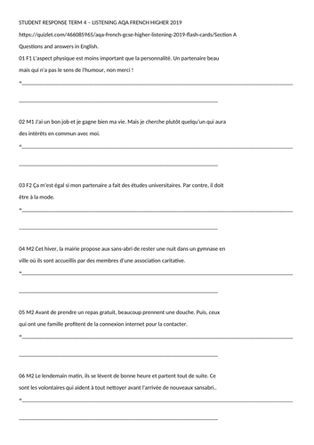 AQA Higher Listening French 2019 vocabulary per question and transcript ...