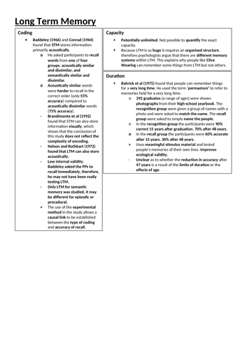 Psychology Summary Sheets - Memory | Teaching Resources