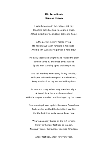 Mid Term Break Seamus Heaney Textual Analysis | Teaching Resources