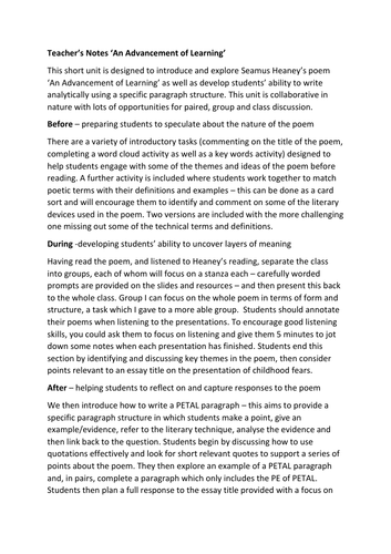 Teaching English: Poetry Unit - Seamus Heaney's 'An Advancement of ...