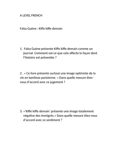 Faïza Guène : Kiffe kiffe demain A LEVEL FRENCH mock examination ...