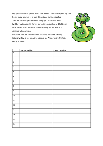Stevie the Spelling Snake Starter Activity | Teaching Resources