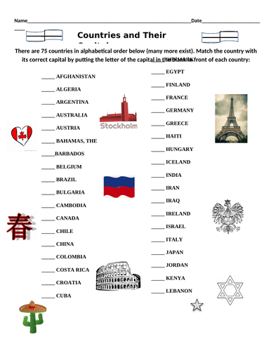 Countries and Their Capitals (75 Countries) | Teaching Resources