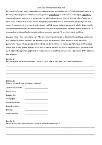 Le monde du travail: la parité hommes-femmes A level French | Teaching ...