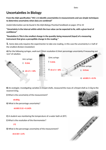 A level Biology - Maths skills- Revision - Uncertainties Worksheet and ...