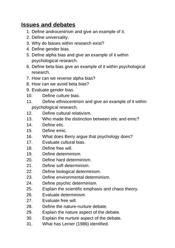Issues and debates in psychology | Teaching Resources