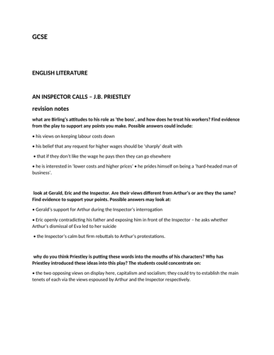 A* GCSE ENGLISH LANGUAGE WJEC/ AQA J.B. PRIESTLEY AN INSPECTOR CALLS ...