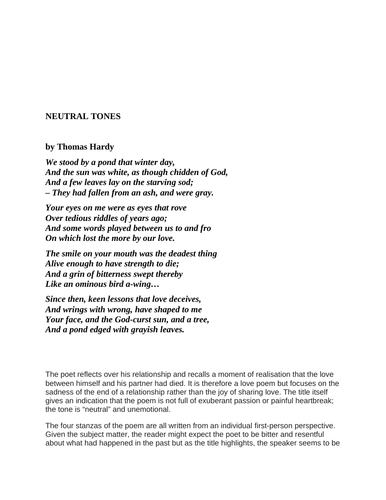 GCSE ENGLISH LITERATURE THOMAS HARDY NEUTRAL TONES A* analysis ...