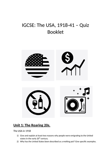 IGCSE: The USA, 1918-41 – Quiz Booklet | Teaching Resources