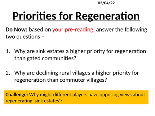Priorities for Regeneration (Edexcel A-level) - Geography | Teaching ...