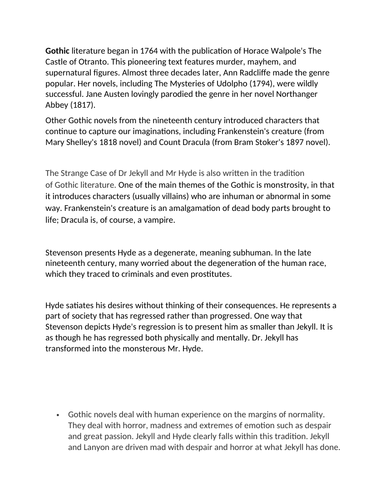 GCSE ENGLISH LITERATURE the gothic element of Dr. Jekyll and Mr. Hyde ...