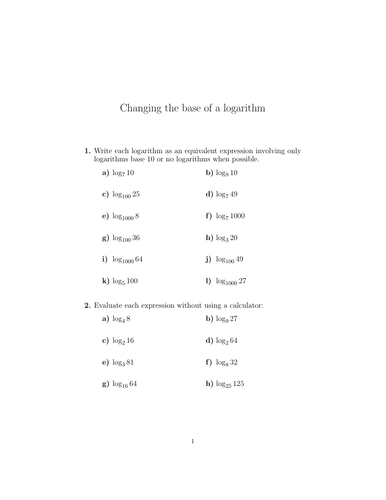 Changing the base of a logarithm worksheet (with solutions) | Teaching ...