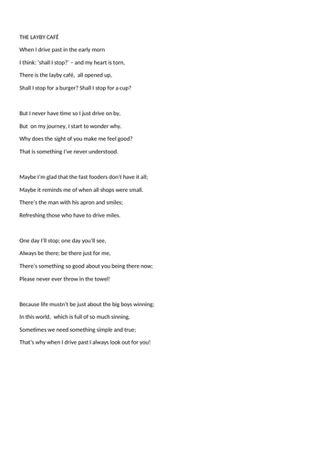 the lay-by cafe poem | Teaching Resources