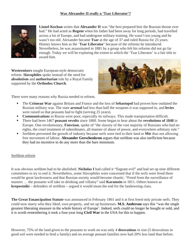 Does Alexander II deserve the title 'Tsar Liberator'? | Teaching Resources