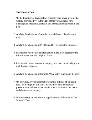 Shakepeare's The Winter's Tale A LEVEL ENGLISH LITERATURE mock exam ...