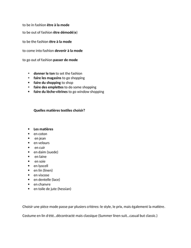A LEVEL FRENCH revision sheet La Mode ambitious vocabulary and phrases ...