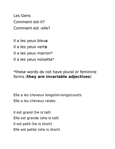 Year 7 and 8 French Comment-est-il/elle? Decrire Les Gens Phrases for ...