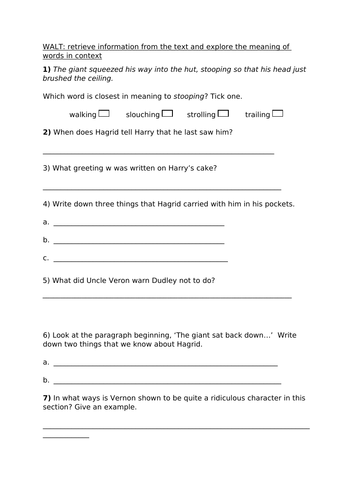 Harry Potter (Philosophers Stone) reading comprehensions (chapter 4-6 ...