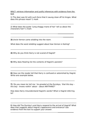 Harry Potter (Philosophers Stone) reading comprehensions (chapter 4-6 ...