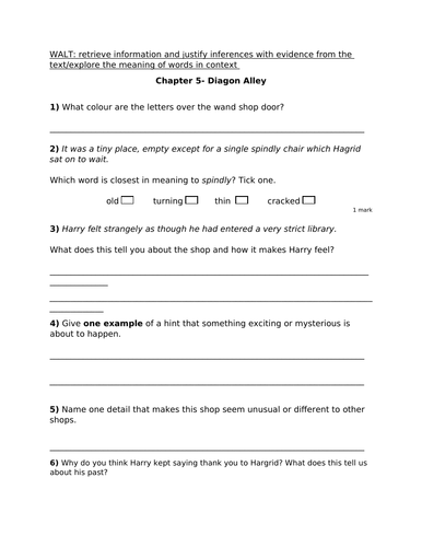 Harry Potter (Philosophers Stone) reading comprehensions (chapter 4-6 ...